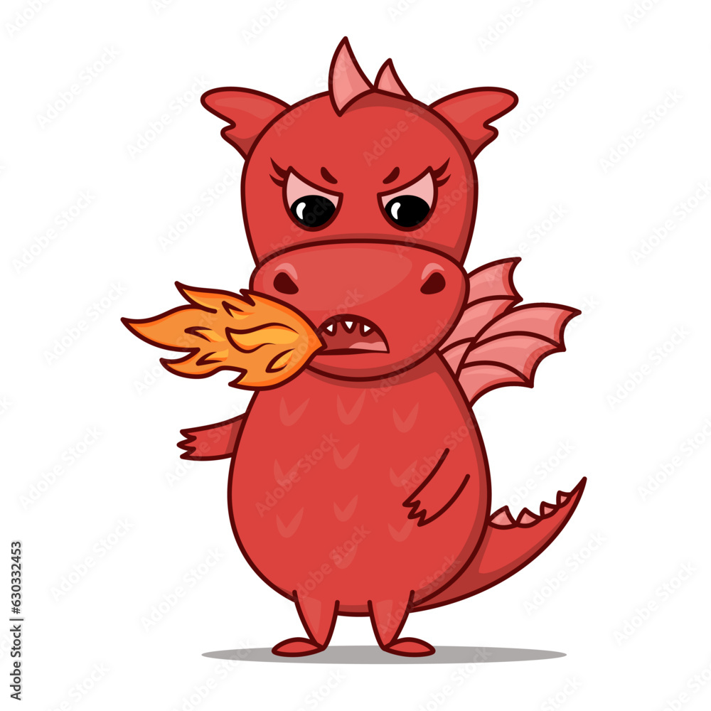 Dragon cartoon character. Cute red dragon fire breathing. Sticker ...