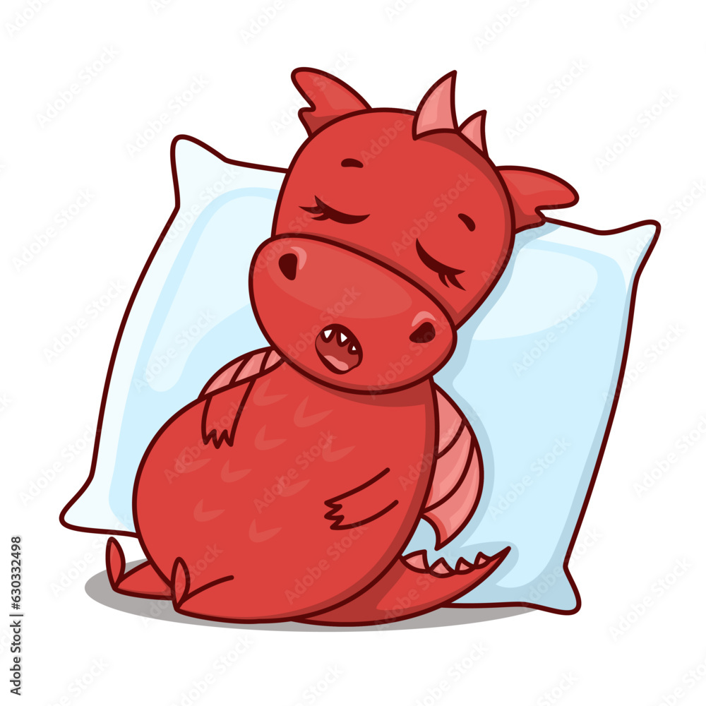 Dragon cartoon character. Cute sleeping on big pillow red dragon ...