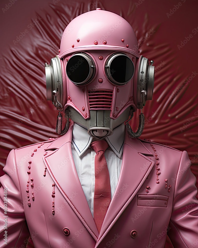 Man with a gum helmet, wearing a suit and tie, in the style of ...