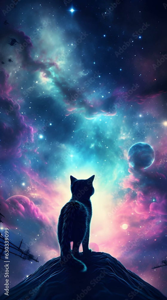 Galaxy background with a sitting cat silhouette phone hd wallpaper ai ...