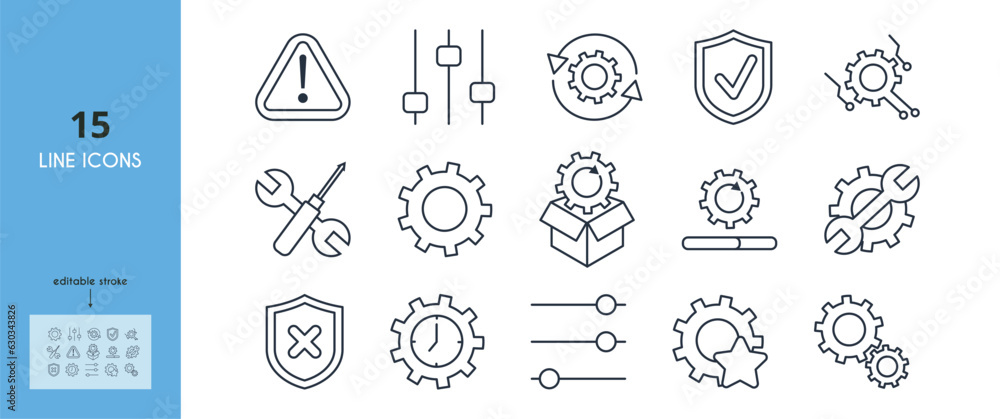 Setup, updates and settings line icon set.Warning, slider, download ...