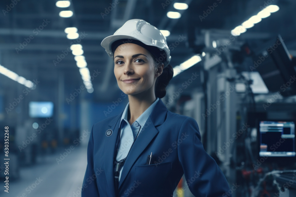 Car factory office: Female Chief Engineer in hard hat, smiling at ...