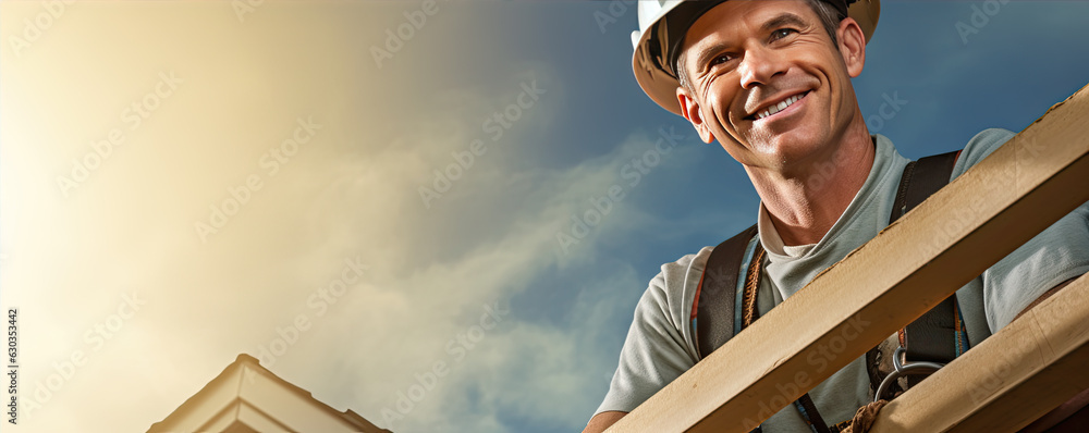 Smiling worker on roof construction on ledder with work uniform an hard ...