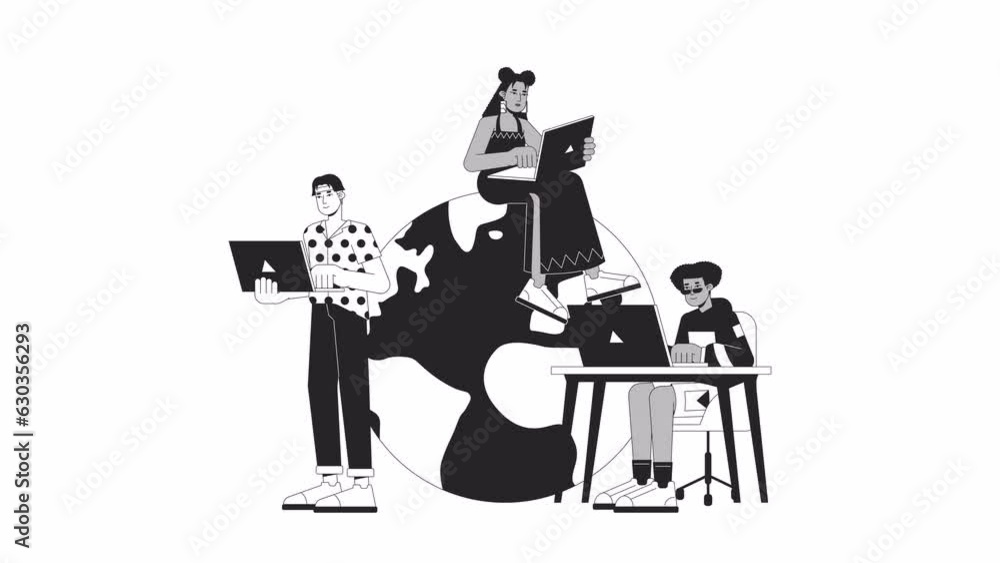 Remote work team bw outline 2D animation. Internet global business 4K ...
