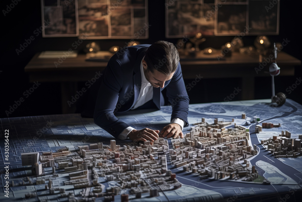 An urban planner, engrossed in details, meticulously studies a ...