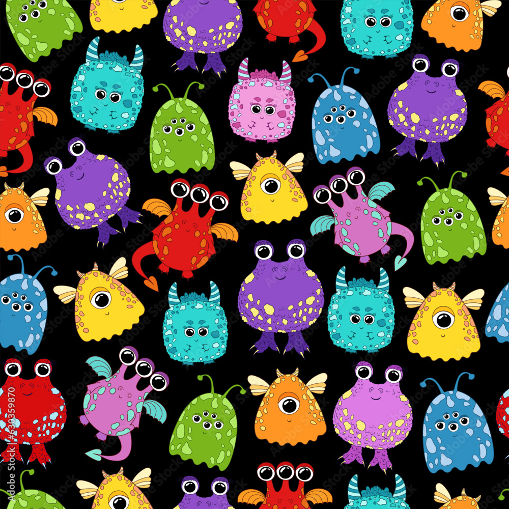 Monsters pattern. Funny cartoon monsters set. Halloween character background. Cute aliens icons ...