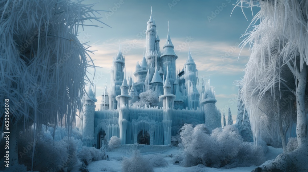 Magic Castle in a winter wonderland. Winter castle on the mountain ...