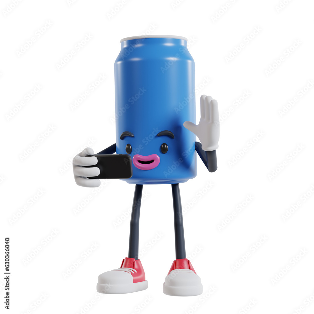 blue can of soft drink cartoon character make video calls, 3d ...
