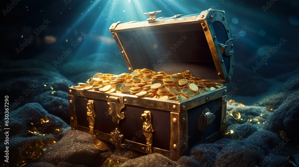 Underwater treasure chest with gold coins made with Ai generative ...