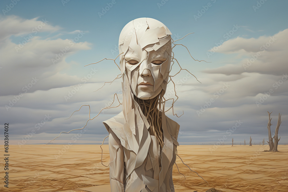 Faceless conceptual surrealism illustration, a lonely mummy figure with ...