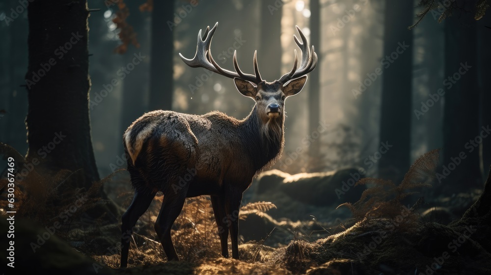 Red deer stag in forest. Created with Generative AI. Stock Illustration ...