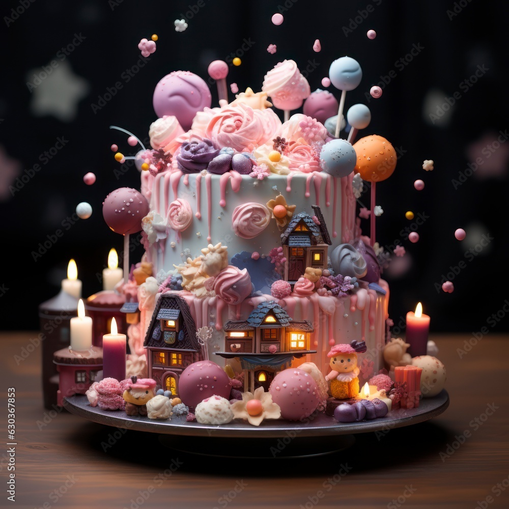 Magical incredible huge fairy tale birthday cake decorated with sweets ...