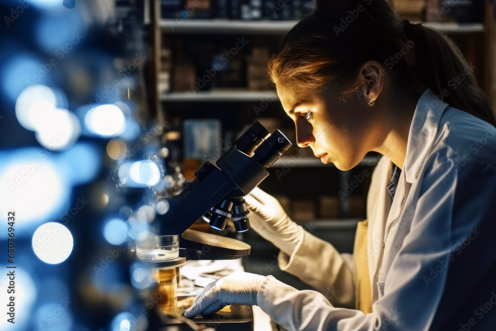 Expert female microbiologist scrutinizes medical samples using modern ...
