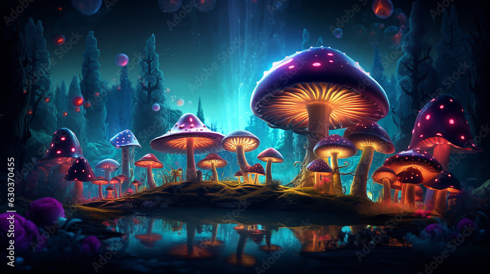 Magical fantasy mushrooms in enchanted fairy tale dreamy elf forest ...