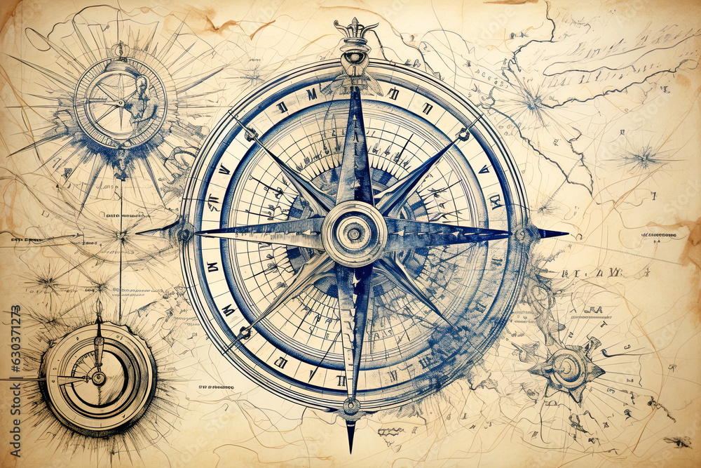 Nautcal compass and vintage map sketch drawing. Exploration and sailing ...