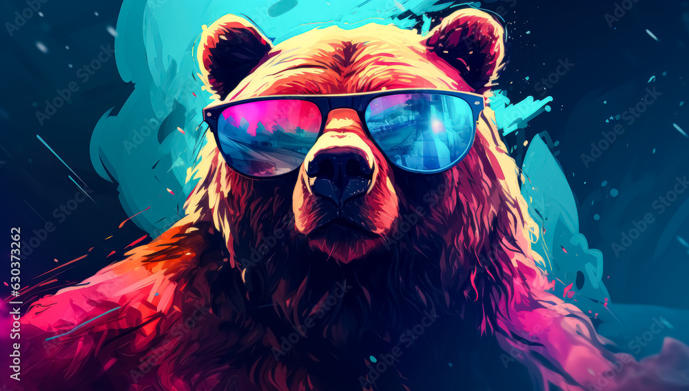 Bear in sunglasses in woods, in the style of synthwave, realistic ...