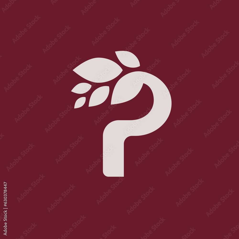 Letter P plant logo identity with leaves icon. Simple leaf initial p ...