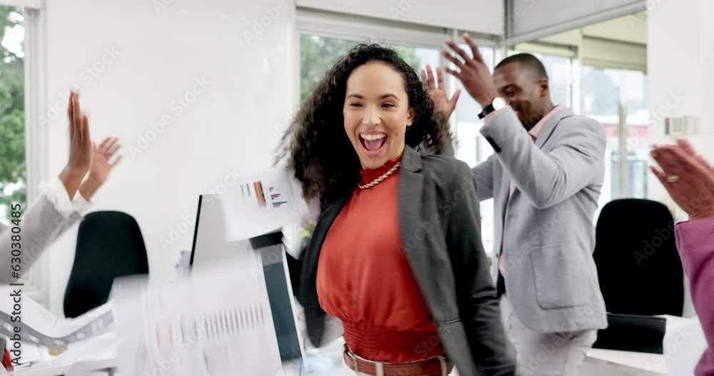 Office, dance and happy business people party with paper throw, success ...