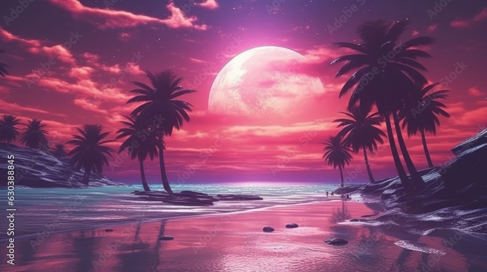 Vaporwave palm trees, beach at sunset. Retrowave background. Stock ...