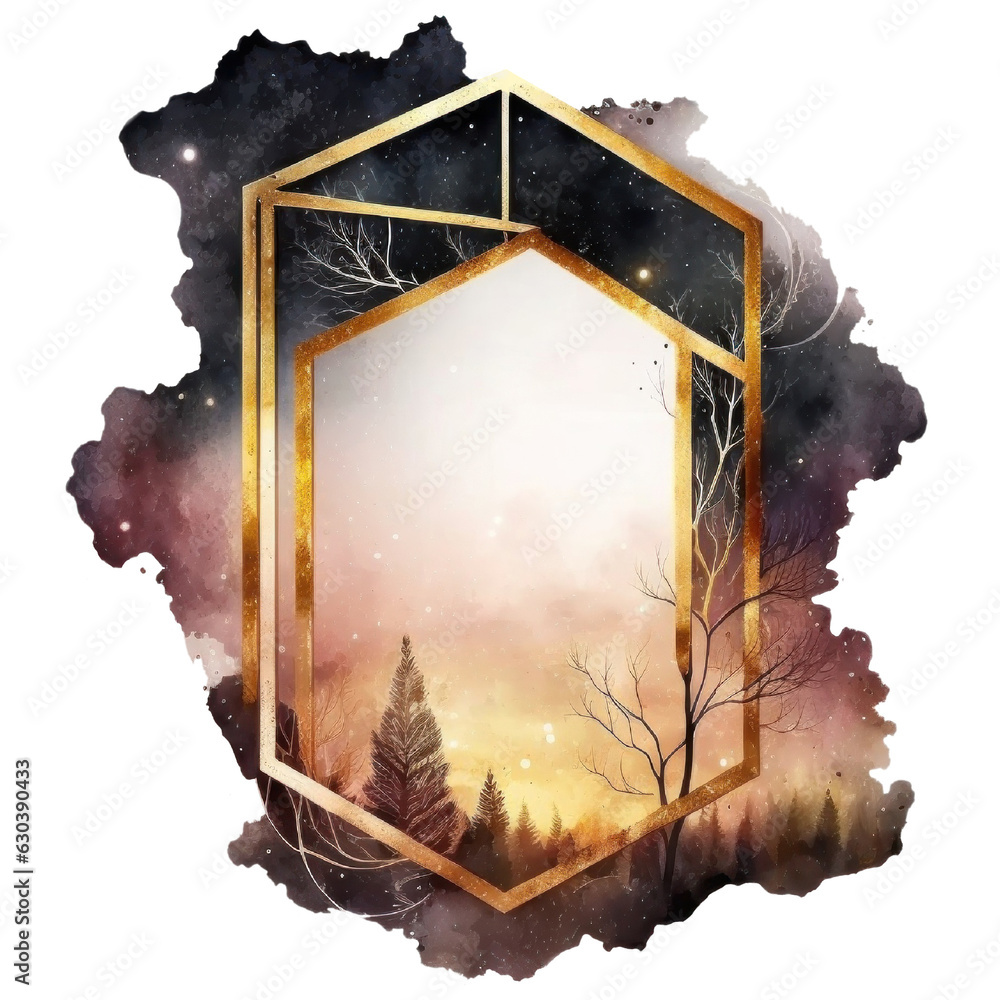 Celestial gold frame with sunrise landscape, Night sky watercolor ...