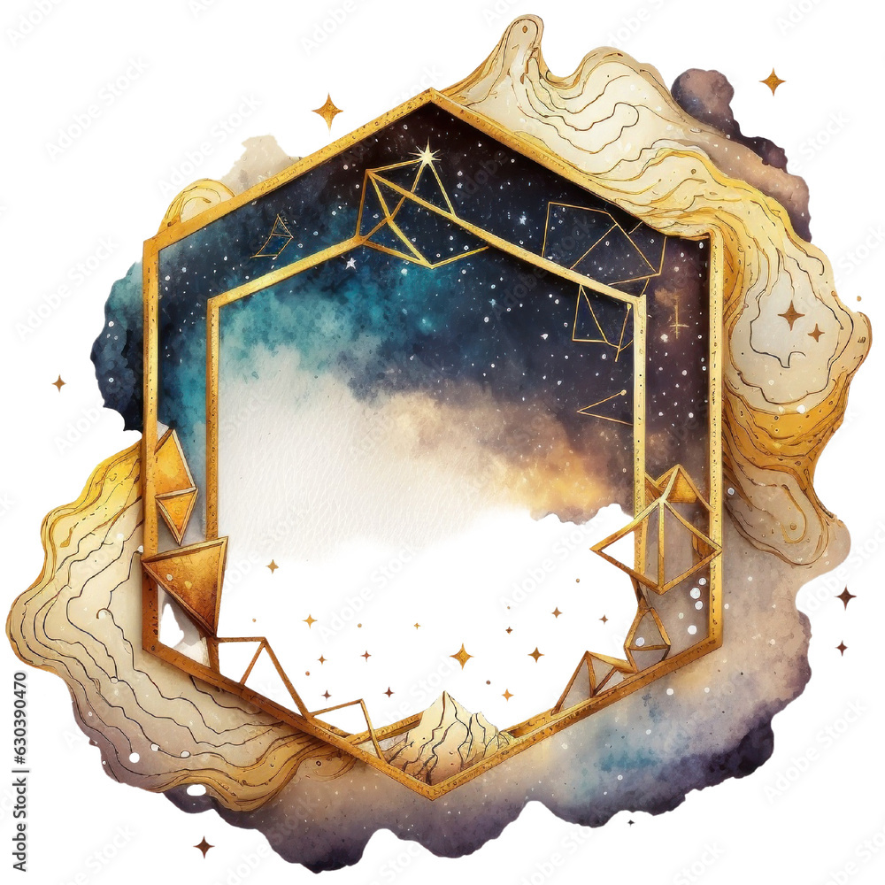 Celestial gold frame with stars and clouds, Night sky watercolor ...