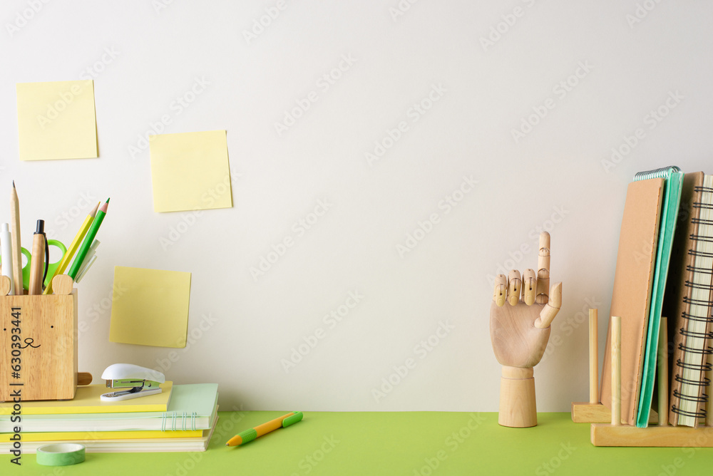 Creative inspiration scene. Side view photo stationery-filled desk with ...