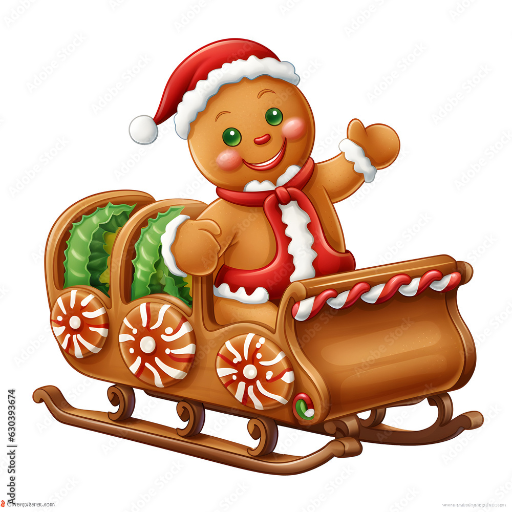 Cartoon clipart of a gingerbread man waving from a sleigh, transparent ...