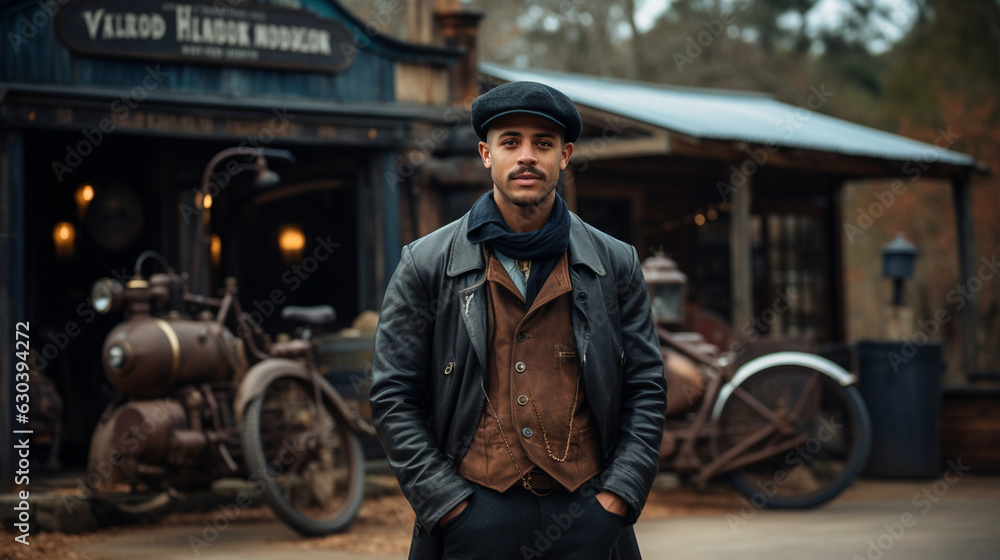 A dapper biker with a vintage hat and leather gloves, striking a pose ...