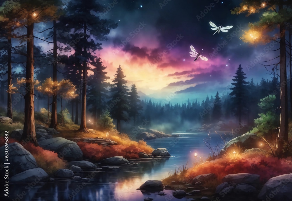 Moonlit Mystique: Wallpaper of a Starlit Enchanted Forest with Colorful ...