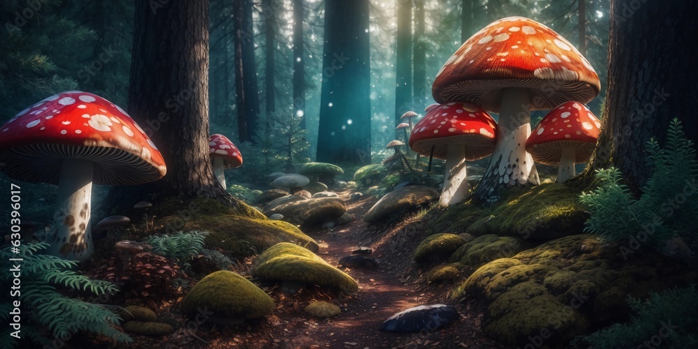Enchanted Mushroom Grove: Wallpaper of Silhouetted Pine Trees, a Blue ...