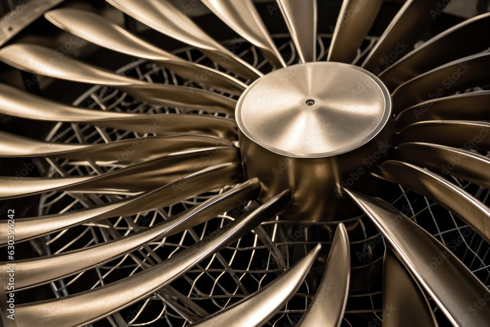 Close-up of the intricate blades of an industrial-scale evaporator fan ...
