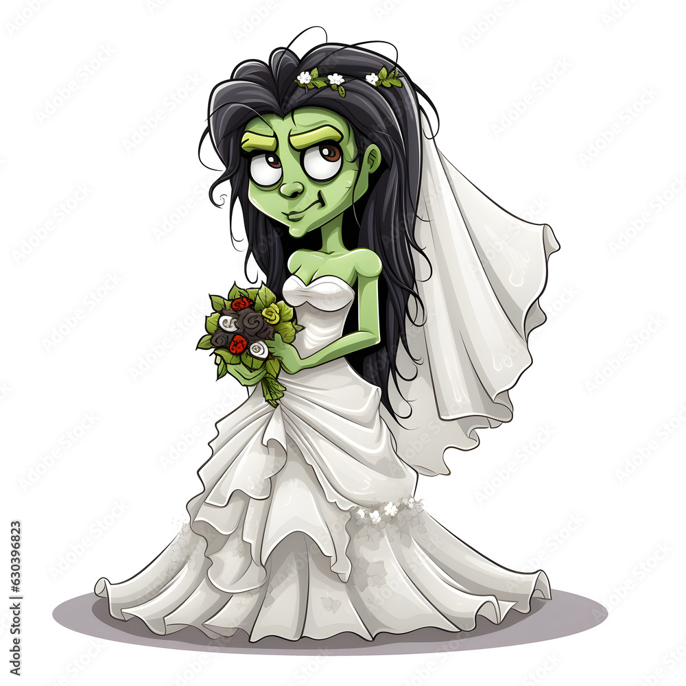 Cartoon clipart of Frankenstein's bride in a wedding dress, transparent ...