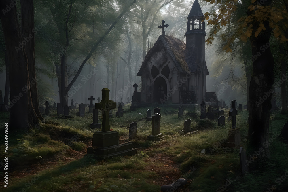 scary old abandoned graveyard and church in the woods at cloudy day ...