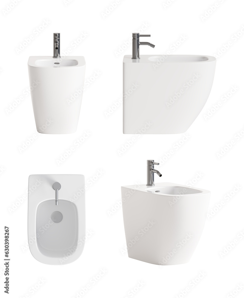 A set of four views of a modern white ceramic floor-standing bidet with ...