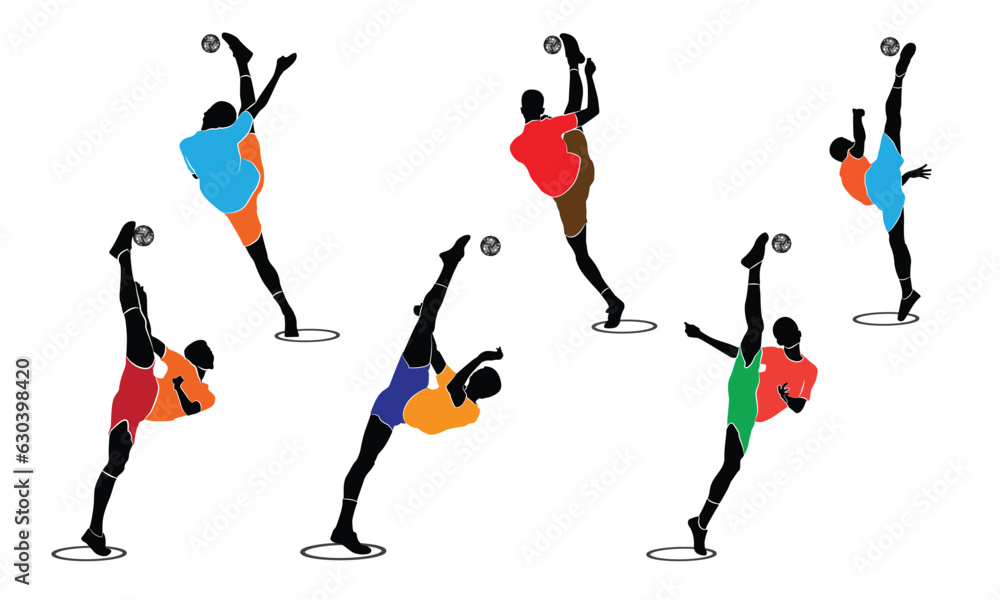 Vetor do Stock: Vector set of colored silhouettes of male sepak takraw ...
