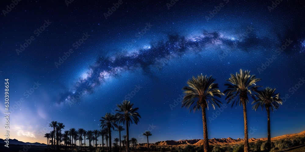 Morocco Starry night sky of the Sahara desert over an oasis. Travel to ...