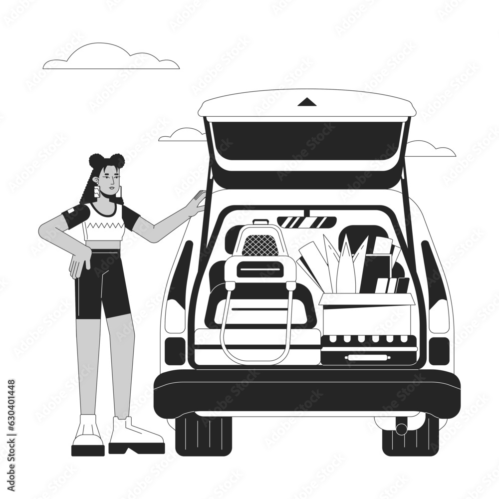 College student car bw vector spot illustration. Latina freshman girl ...