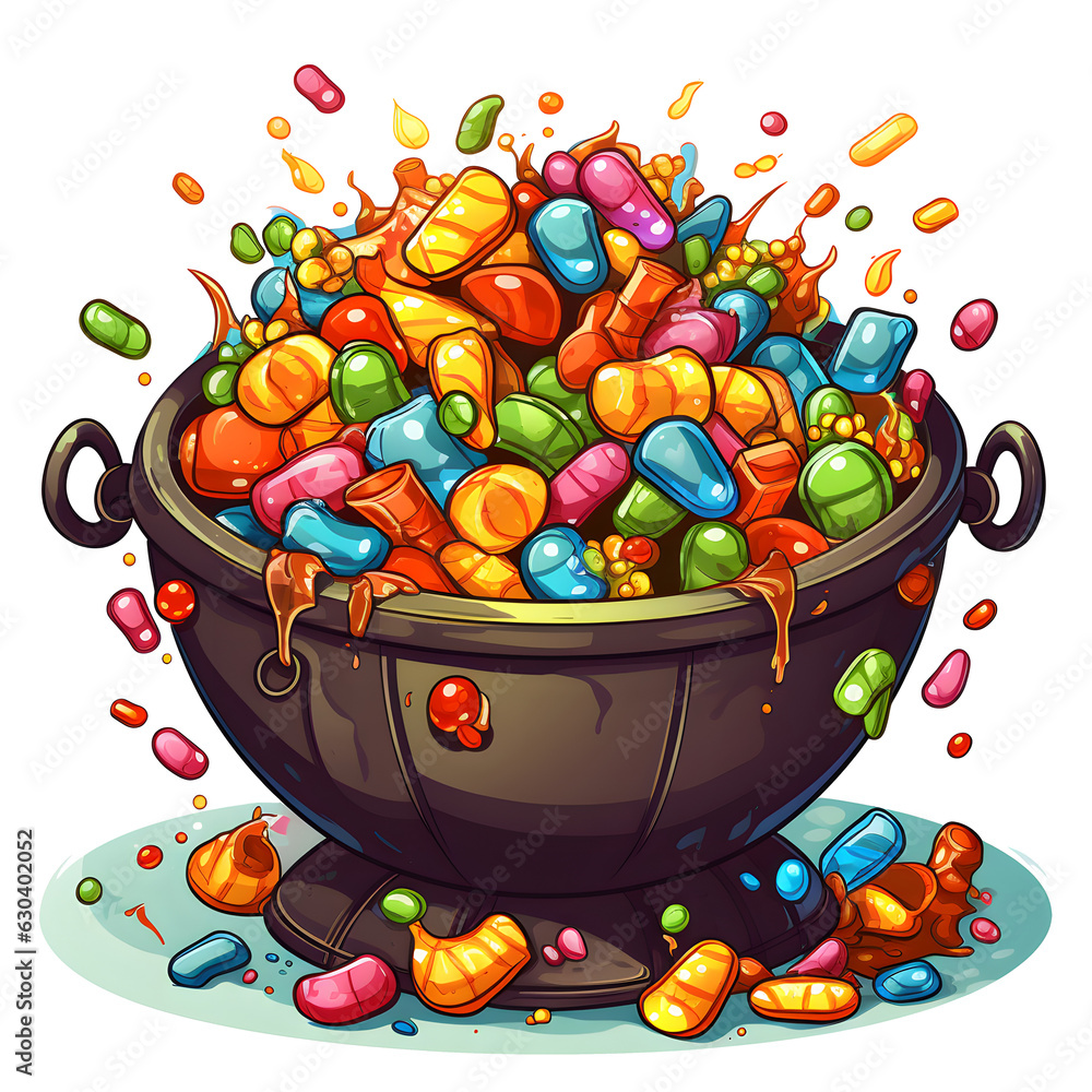 Cartoon clipart of witch's cauldron overflowing with candy, transparent ...
