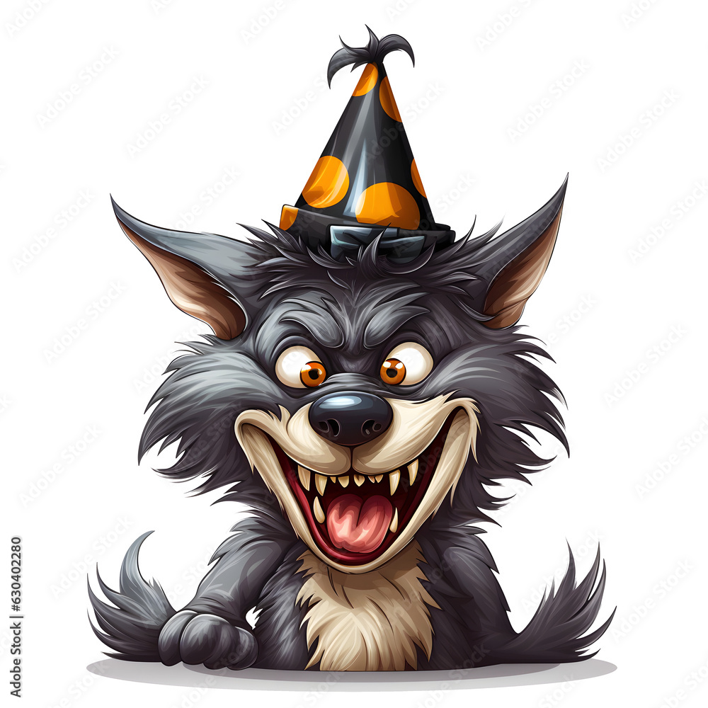 Cartoon clipart of playful werewolf wearing a party hat, transparent ...