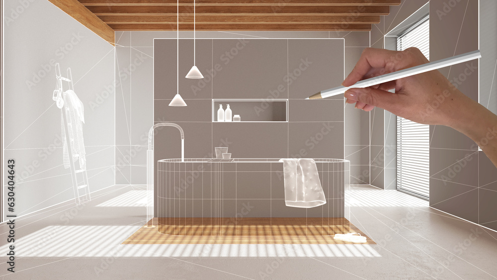 Empty white interior with wooden parquet floor, hand drawing custom ...