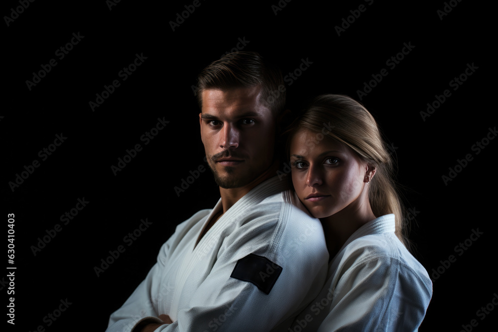 Man And Women Judo Practitioner Standsa Black Background . Man Women Judo Stands, Judo Practice ...