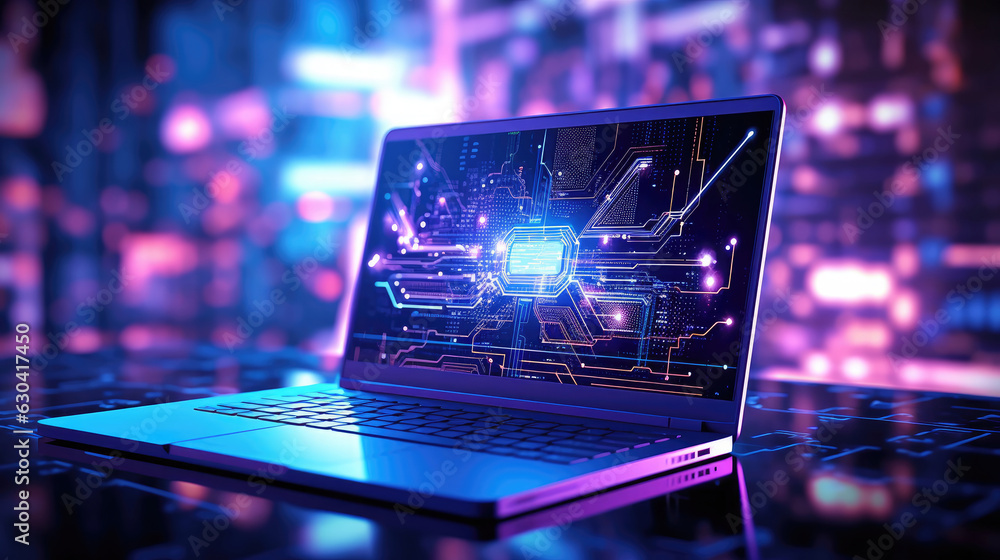 Digital workspace illustration with an opened laptop in neon colors ...