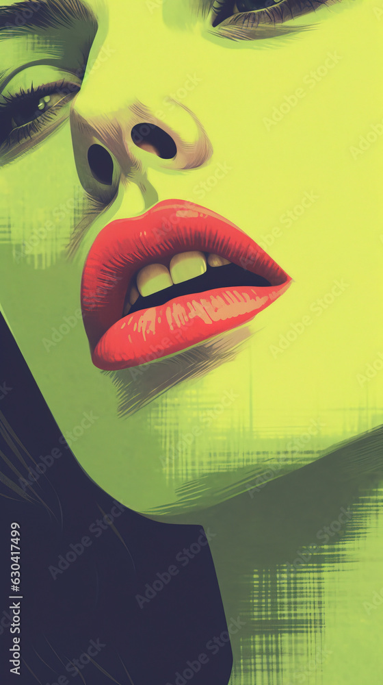 Illustration of a green face of a woman with an open mouth. Concept ...