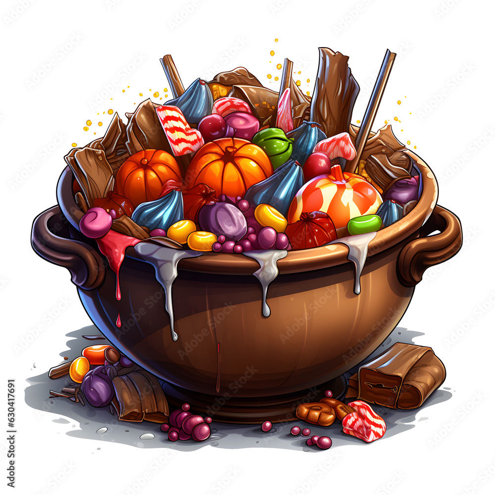 Cartoon clipart of witch's cauldron overflowing with candy, transparent ...