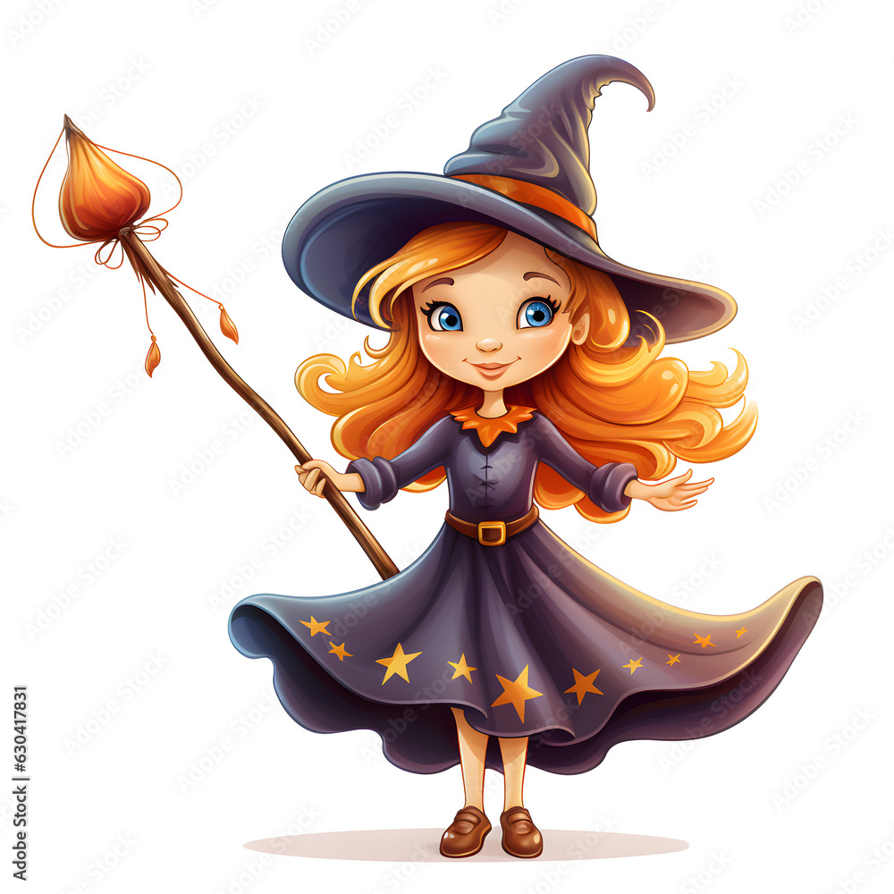 Cartoon clipart of friendly witch with a magic wand, transparent ...