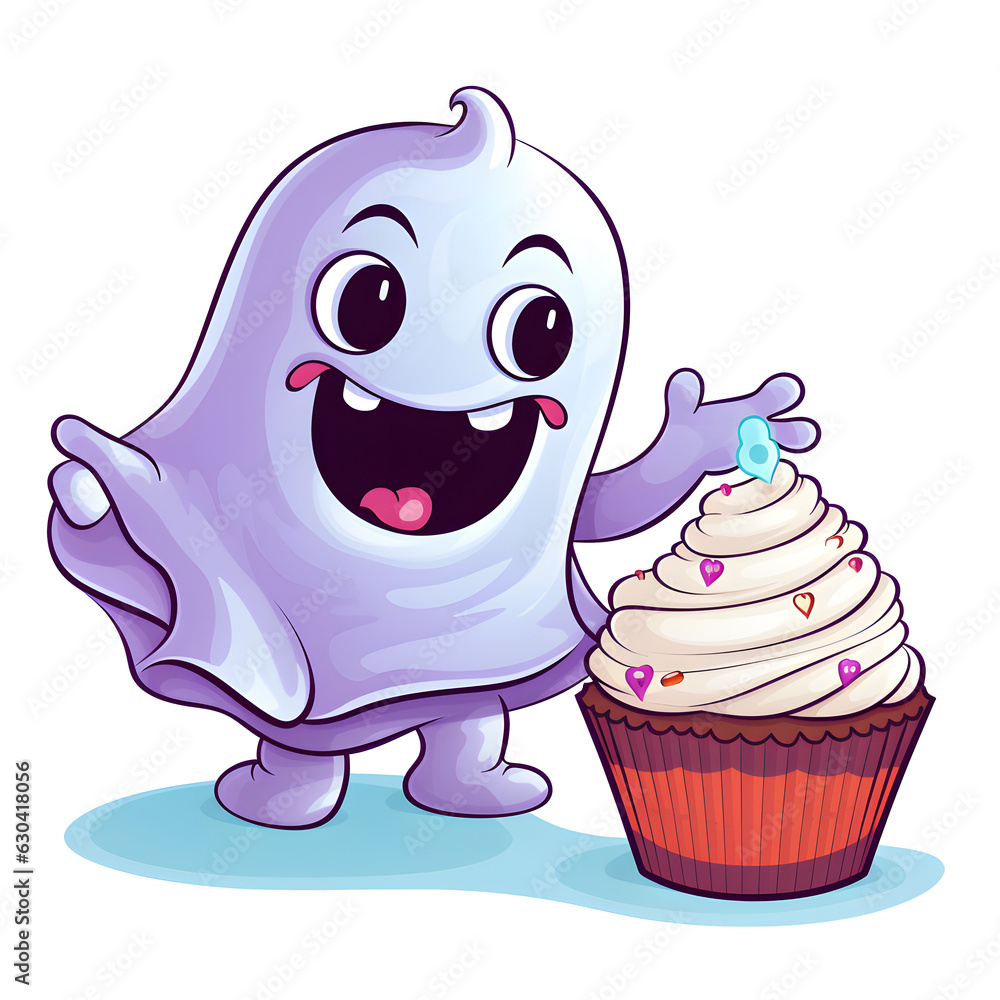 Cartoon clipart of friendly ghost with a cupcake, transparent ...
