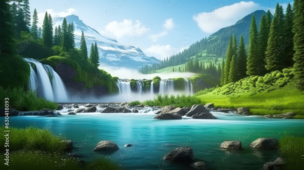 Beautiful landscape with the waterfalls, forest and mountains. For ...