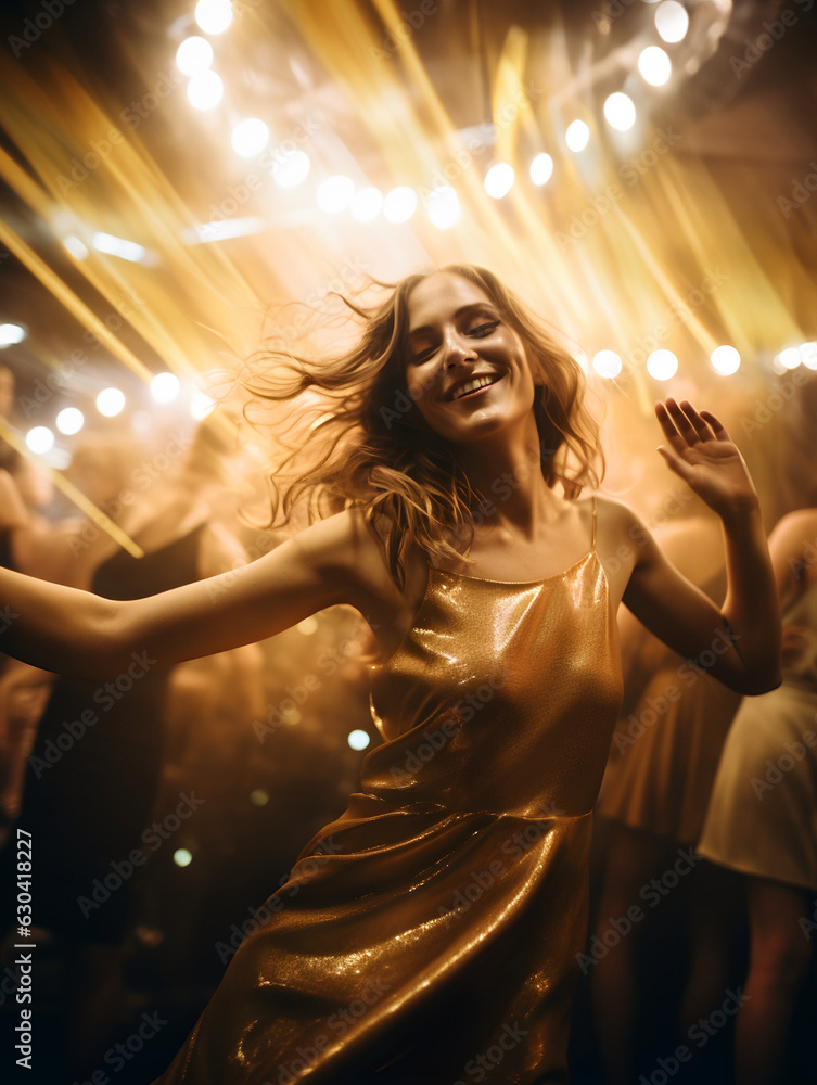 Woman dancing in a nightclub, woman with golden dress, gold light ...