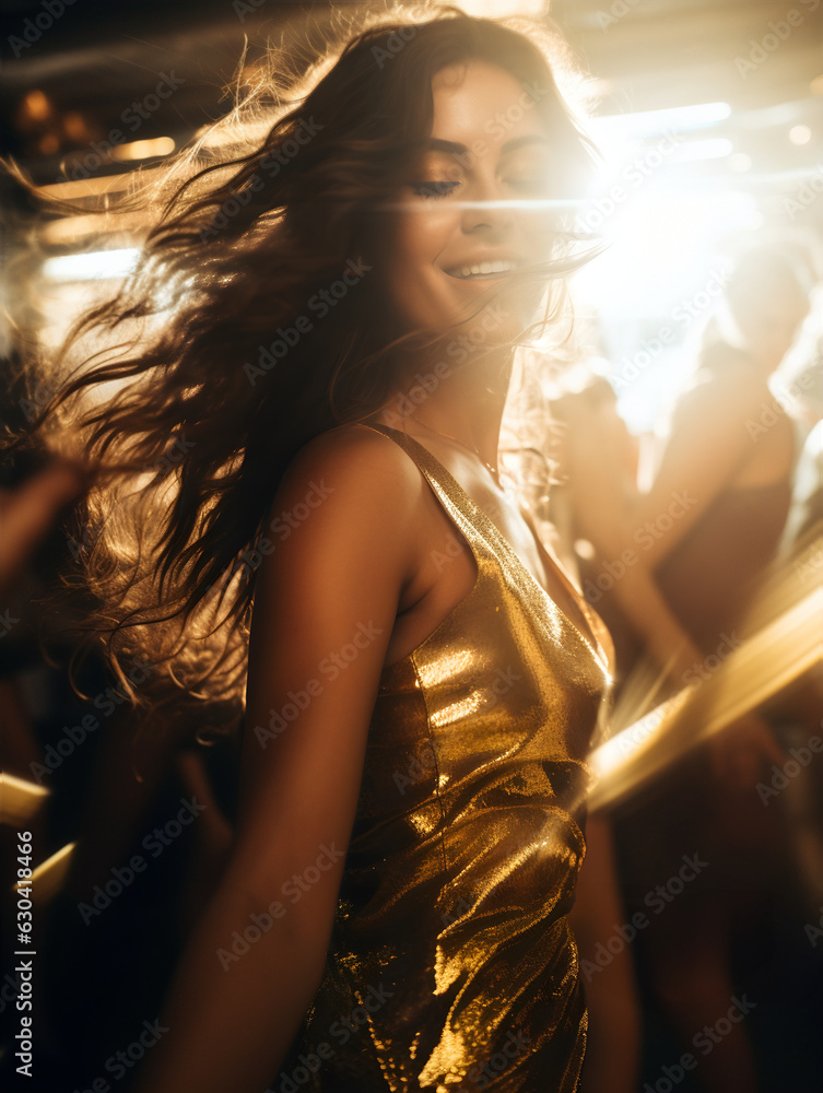 Woman dancing in a nightclub, woman with golden dress, gold light ...