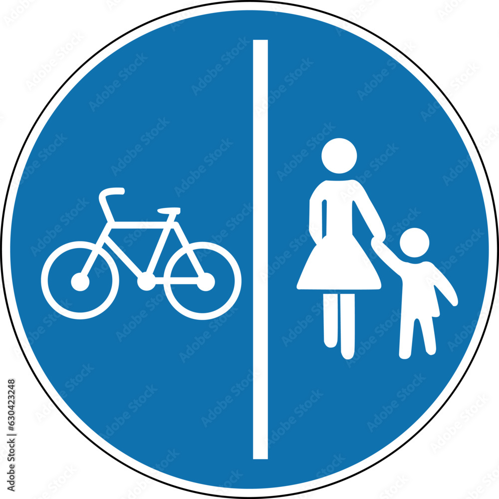 Pedestrian and bike path sign. Mandatory sign. Round blue sign ...